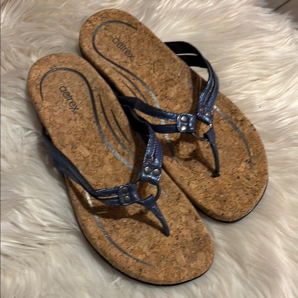 Aetrex | Shoes | Aetrex Metallic Blue Sandals With Cork Footbed And ...